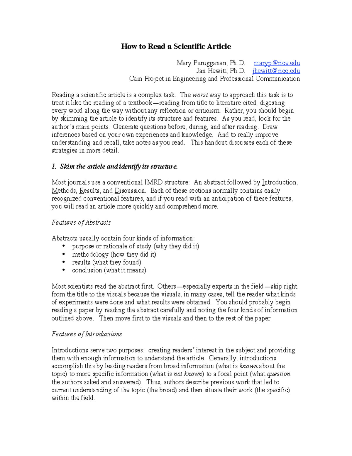 How To Read Sci Article - How to Read a Scientific Article Mary Purugganan, Ph. maryp@rice Jan ...