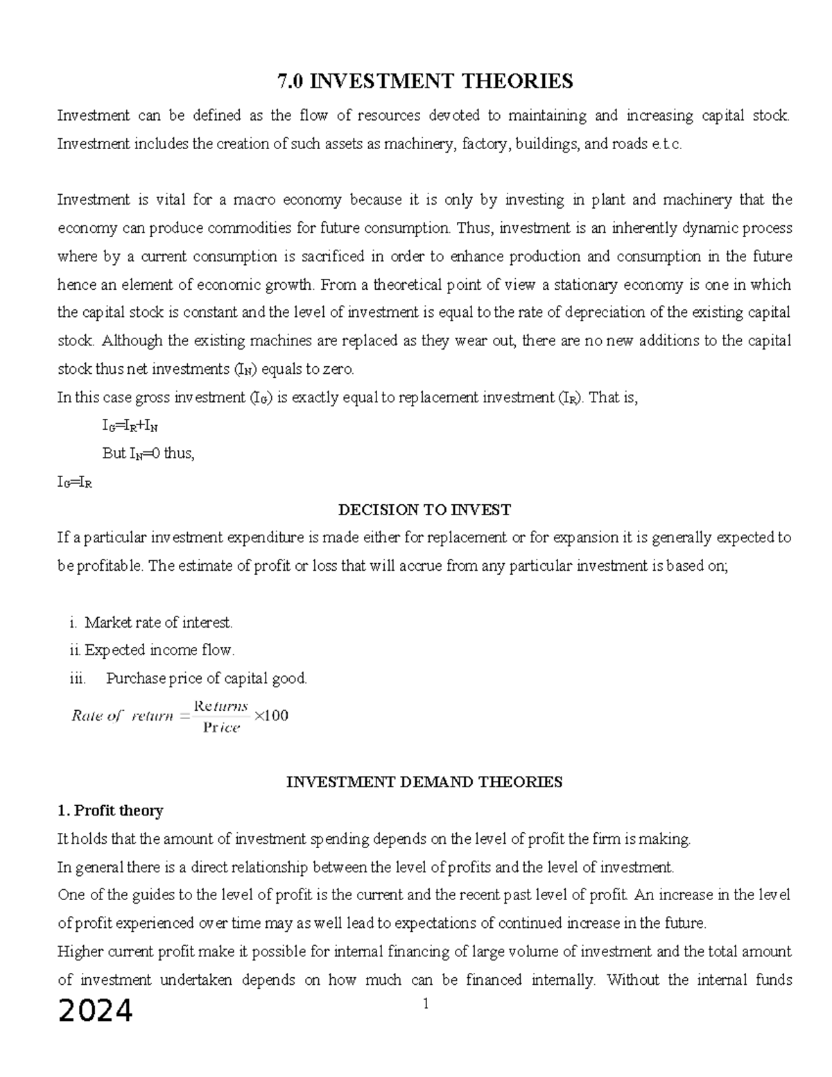 Intermediate macroecon topic 7 - 7 INVESTMENT THEORIES Investment can ...