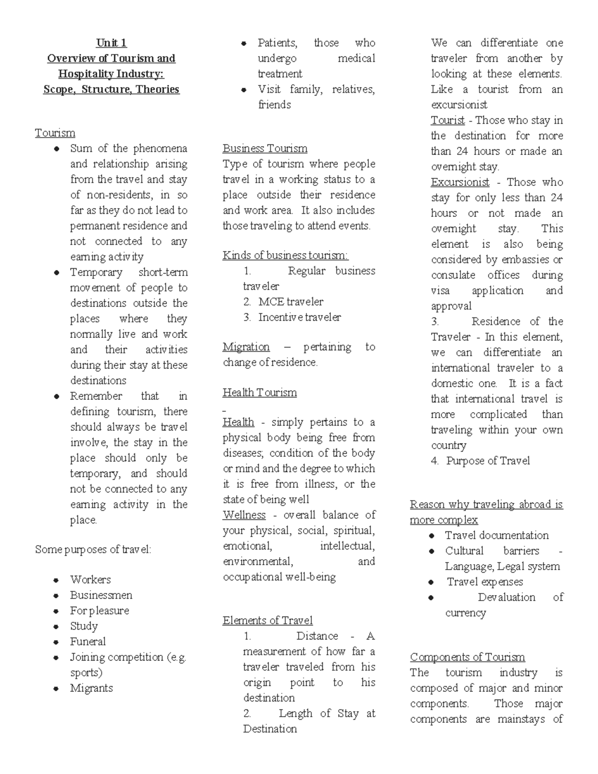 Notes for Units 1,2 and 3 from Sir Jim - Unit 1 Overview of Tourism and ...