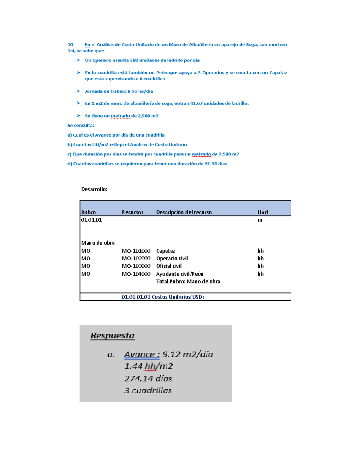 Ejercicios CYP - Desarrollo: Rubro Recursos Descripción del recurso Und ...