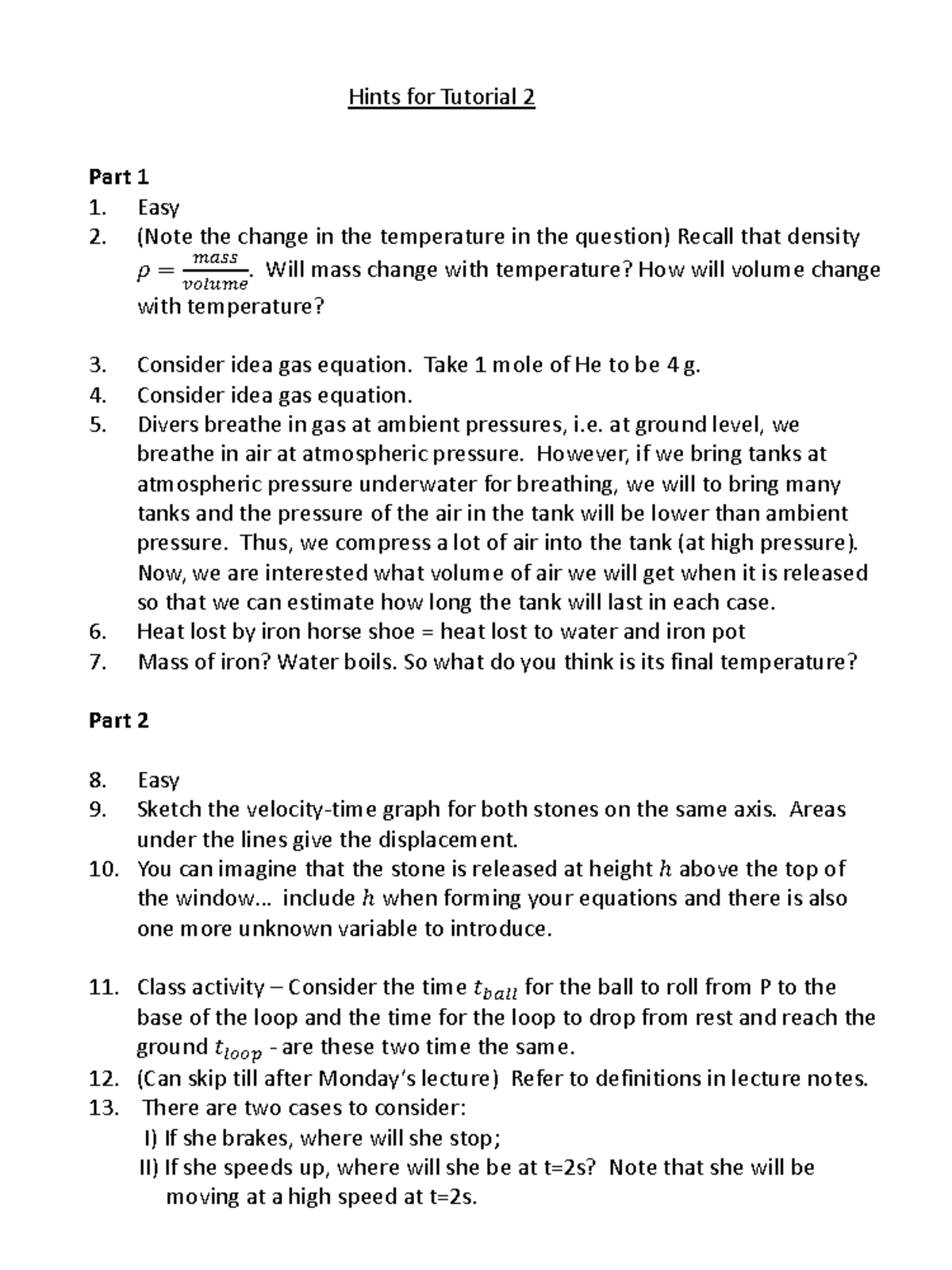 PH Tutorial 2 Hints - Tut - Hints for Tutorial 2 Part 1 Easy (Note the ...