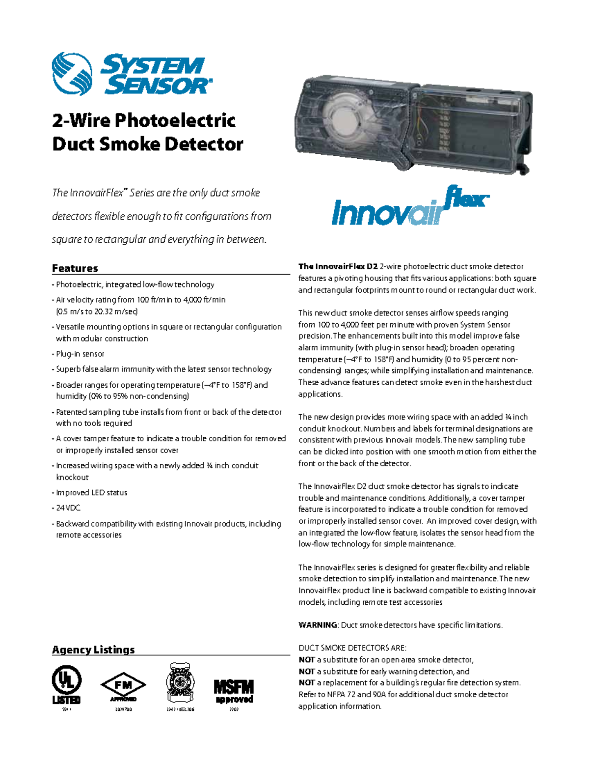 System-Sensor-Duct-Smoke-D2 Data Sheet A05-0421 - Agency Listings 2 ...