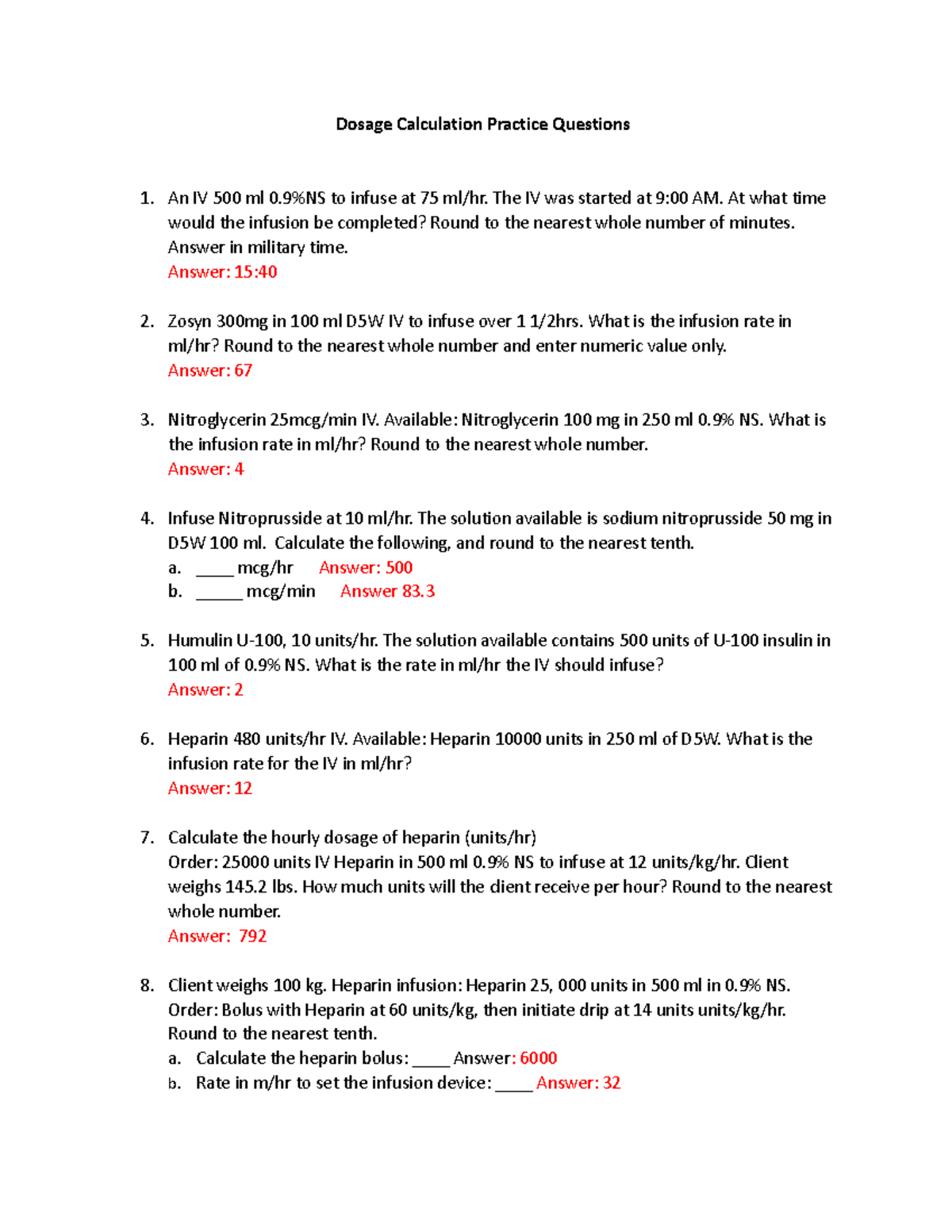 Dosage Practice - Dosage Calculation Practice Questions An IV 500 ml 0 ...