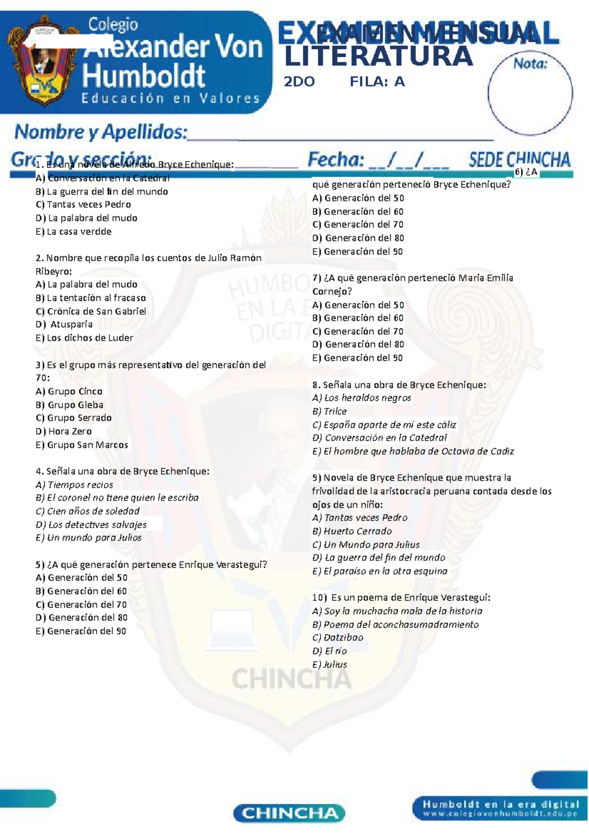 2do b lit mensual f A - examen - Es una novela de Alfredo Bryce ...