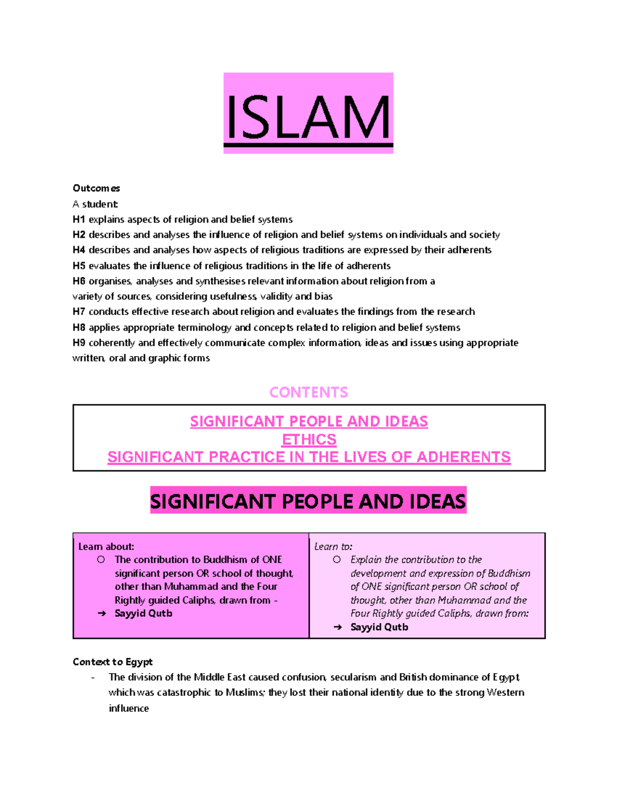 Islam - Class of 21'. Lecture notes - ISLAM Outcomes A student: H1 ...
