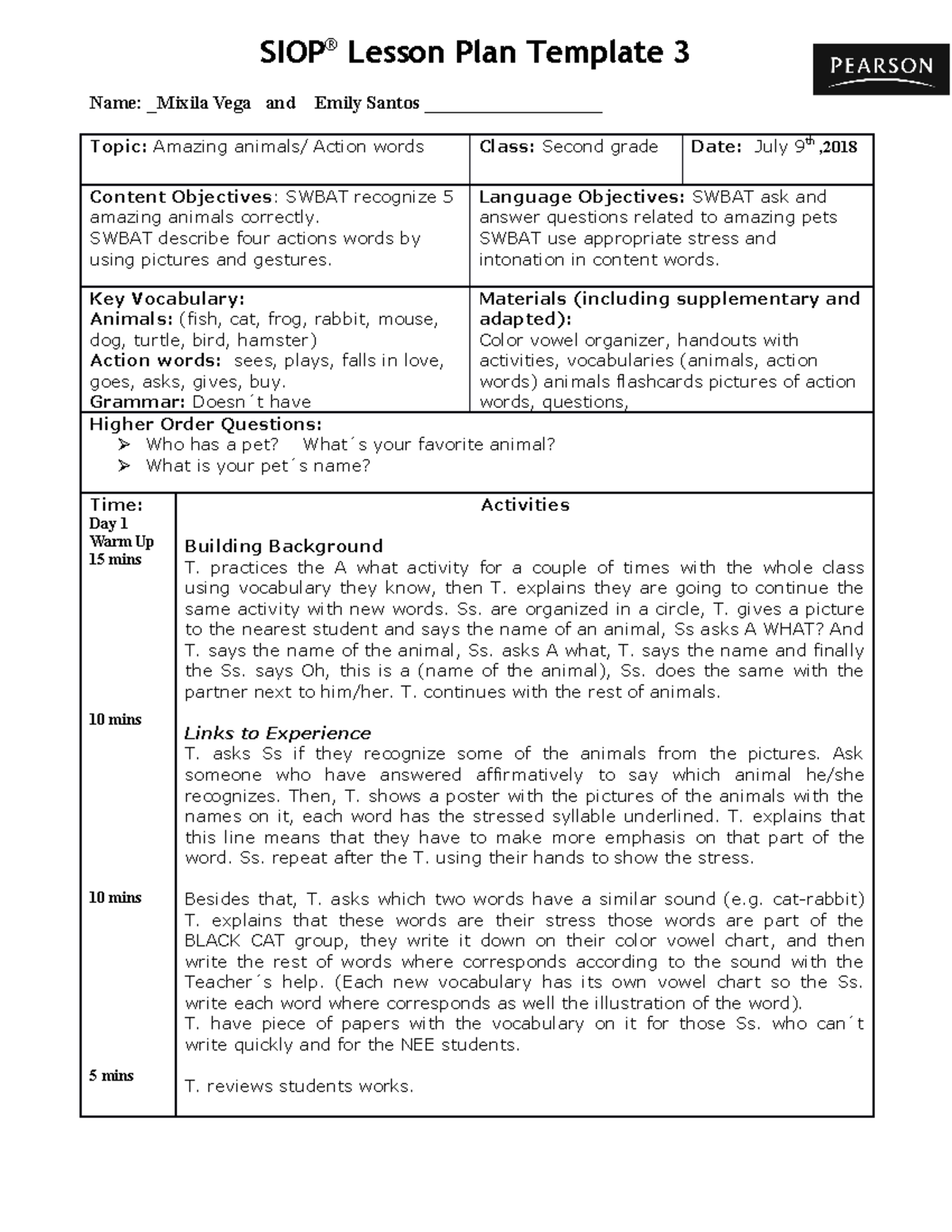 LP2-Mixila and Emily - Apuntes 1 - SIOP Lesson Plan Template 3 Name ...