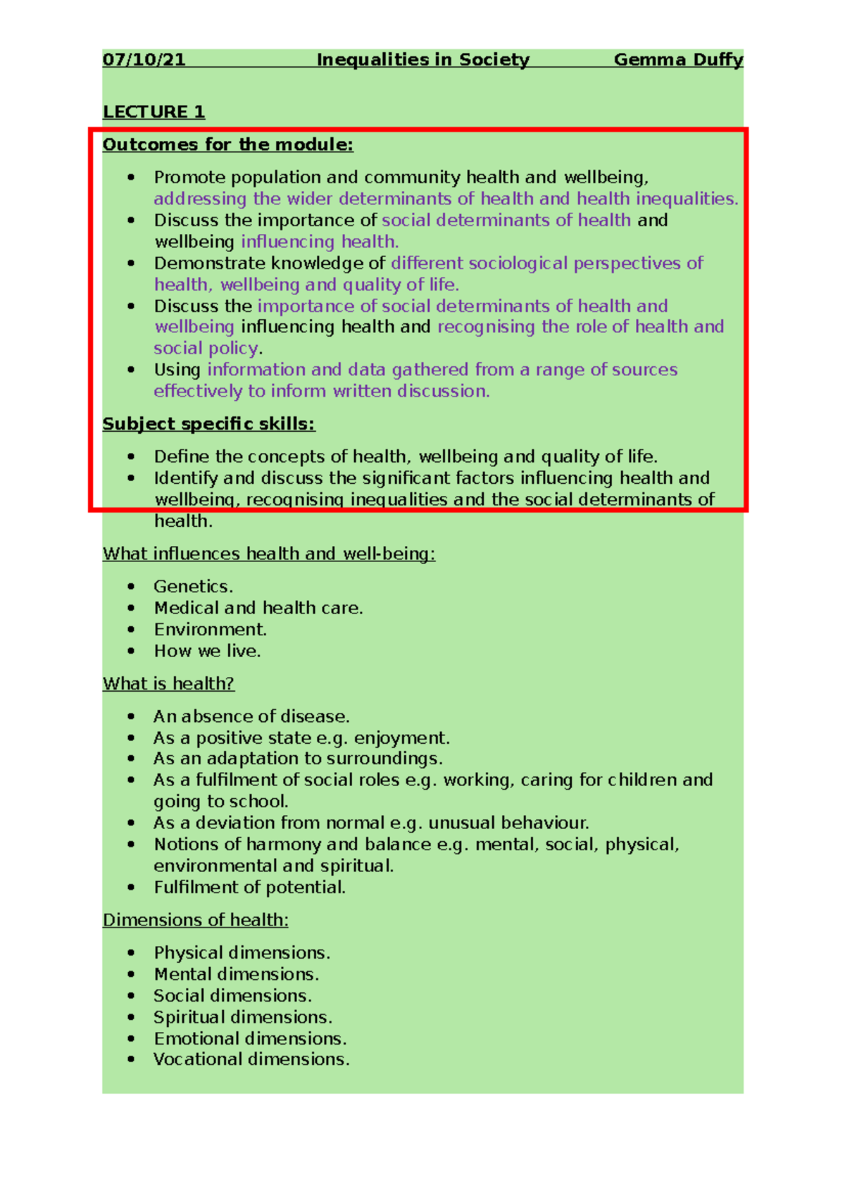 Lecture 1 - Concepts in Health and Wellbeing - LECTURE 1 Outcomes for ...