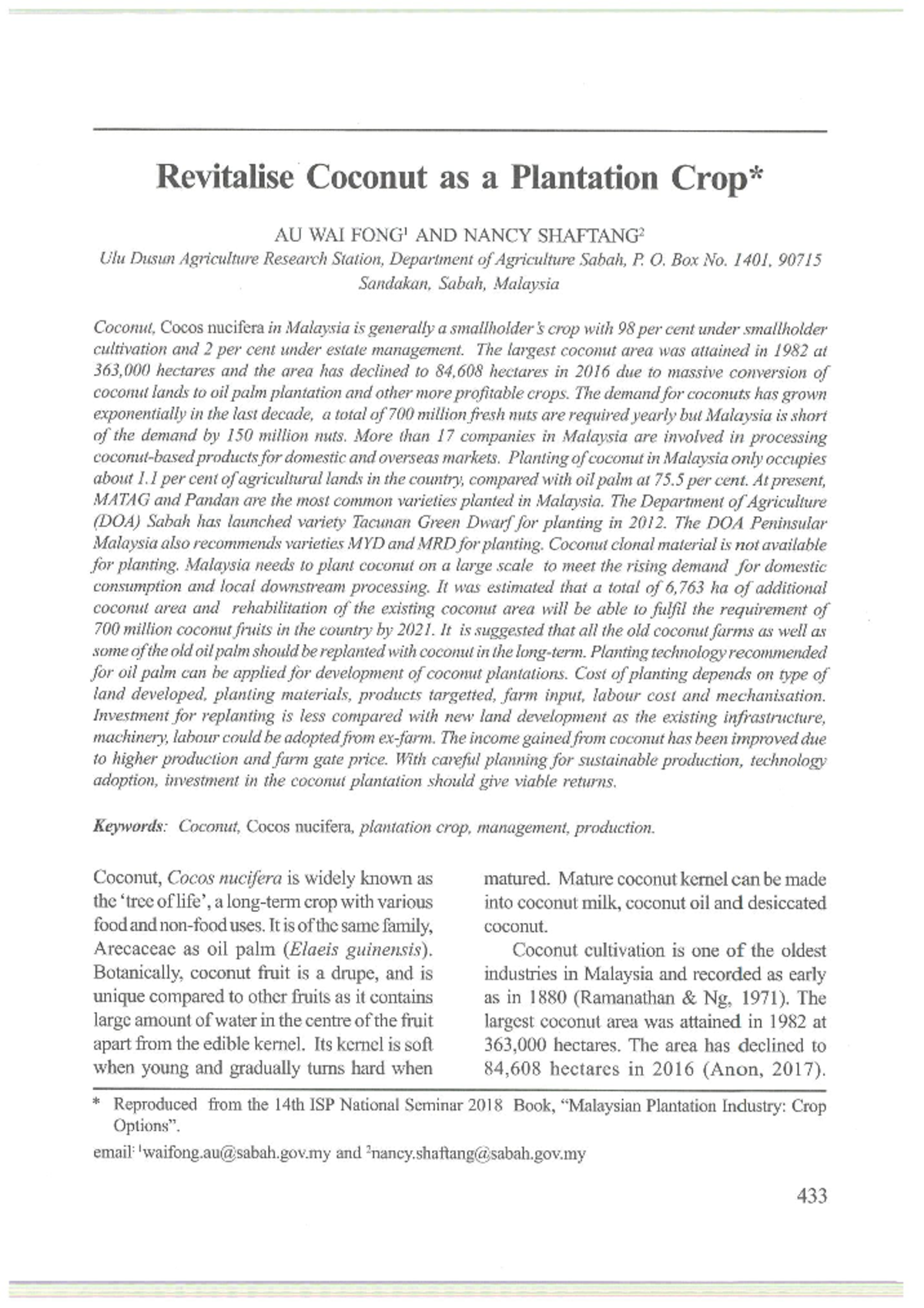 Revitalise Coconut as a Plantation Crop - Random Paper - UiTM - Studocu