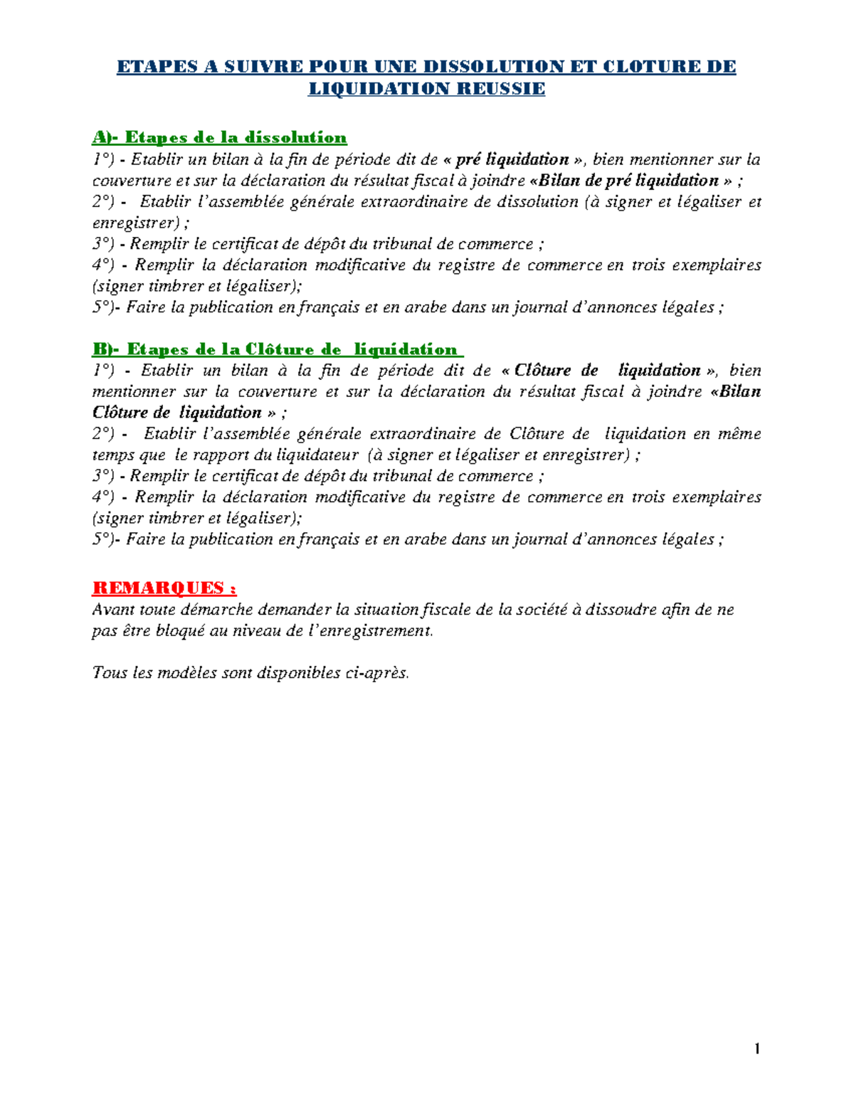 étapes dissolution et liquidation - ETAPES A SUIVRE POUR UNE ...