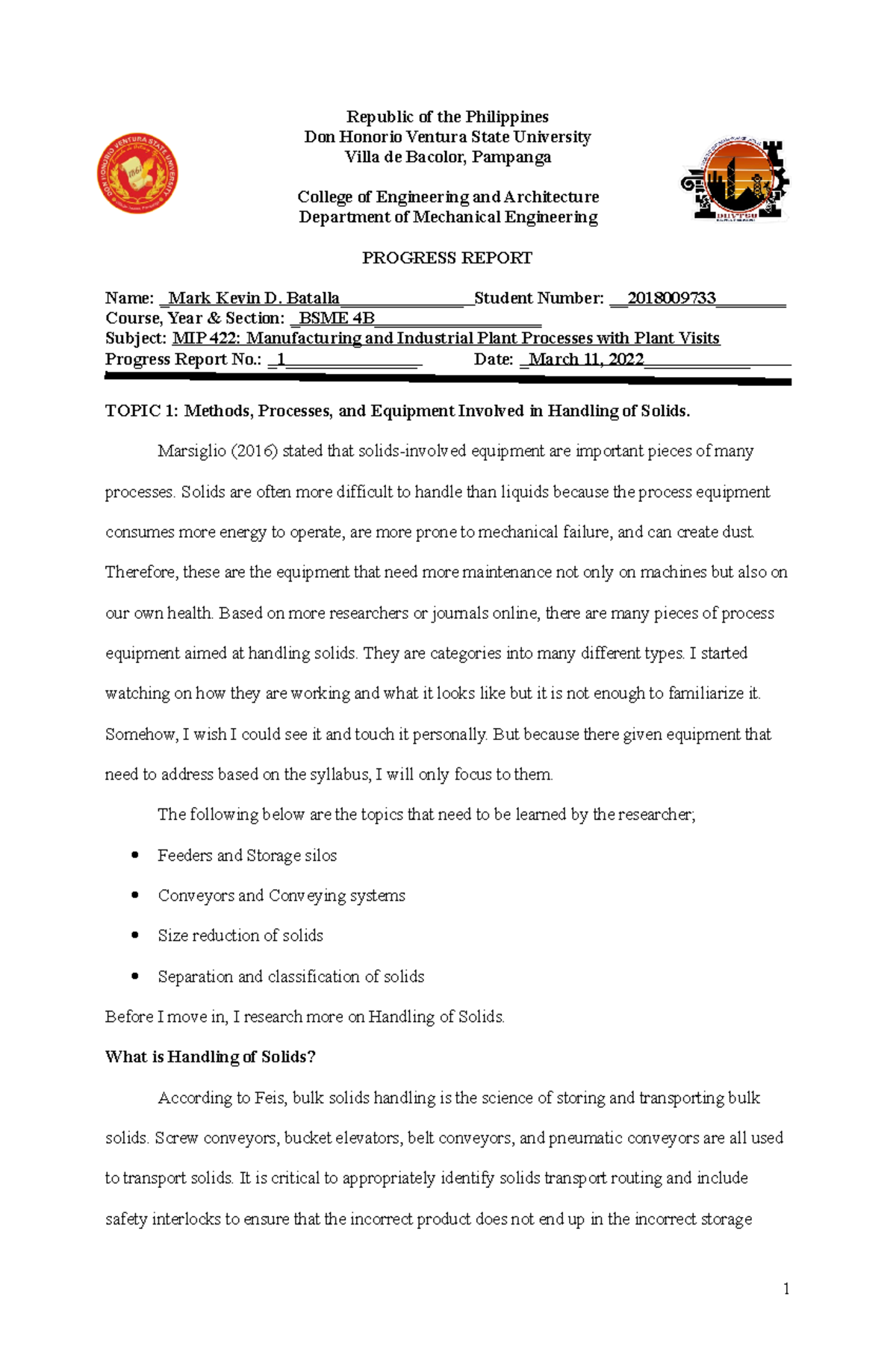 Progress Report no.1 - Republic of the Philippines Don Honorio Ventura ...