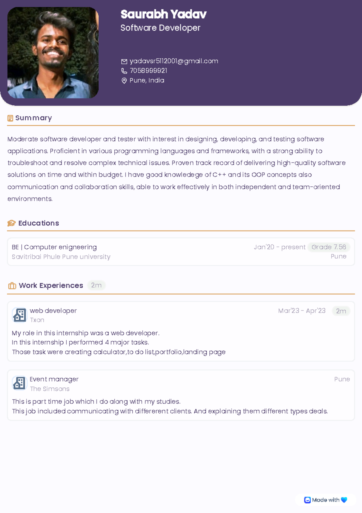 My resume - Saurabh Yadav Software Developer yadavsr5112001@gmail 7058999921 Pune, India Summary ...