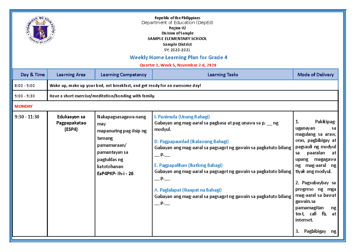 Grade 4 ALL Subjects WHLP Q1 W5 - Weekly Home Learning Plan for Grade 4 ...