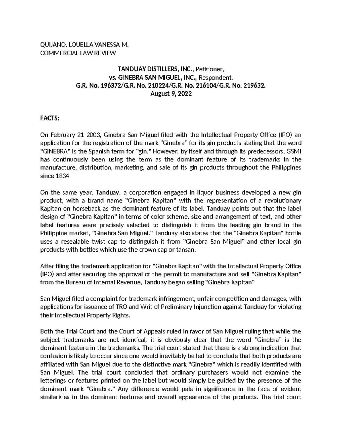 Tanduay VS Ginebra - Case - QUIJANO, LOUELLA VANESSA M. COMMERCIAL LAW ...