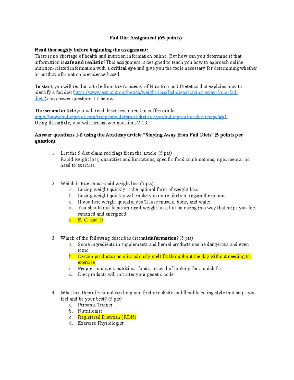 Fad Diet Assignment - Fad diet - Fad Diet Assignment (65 points) Read ...