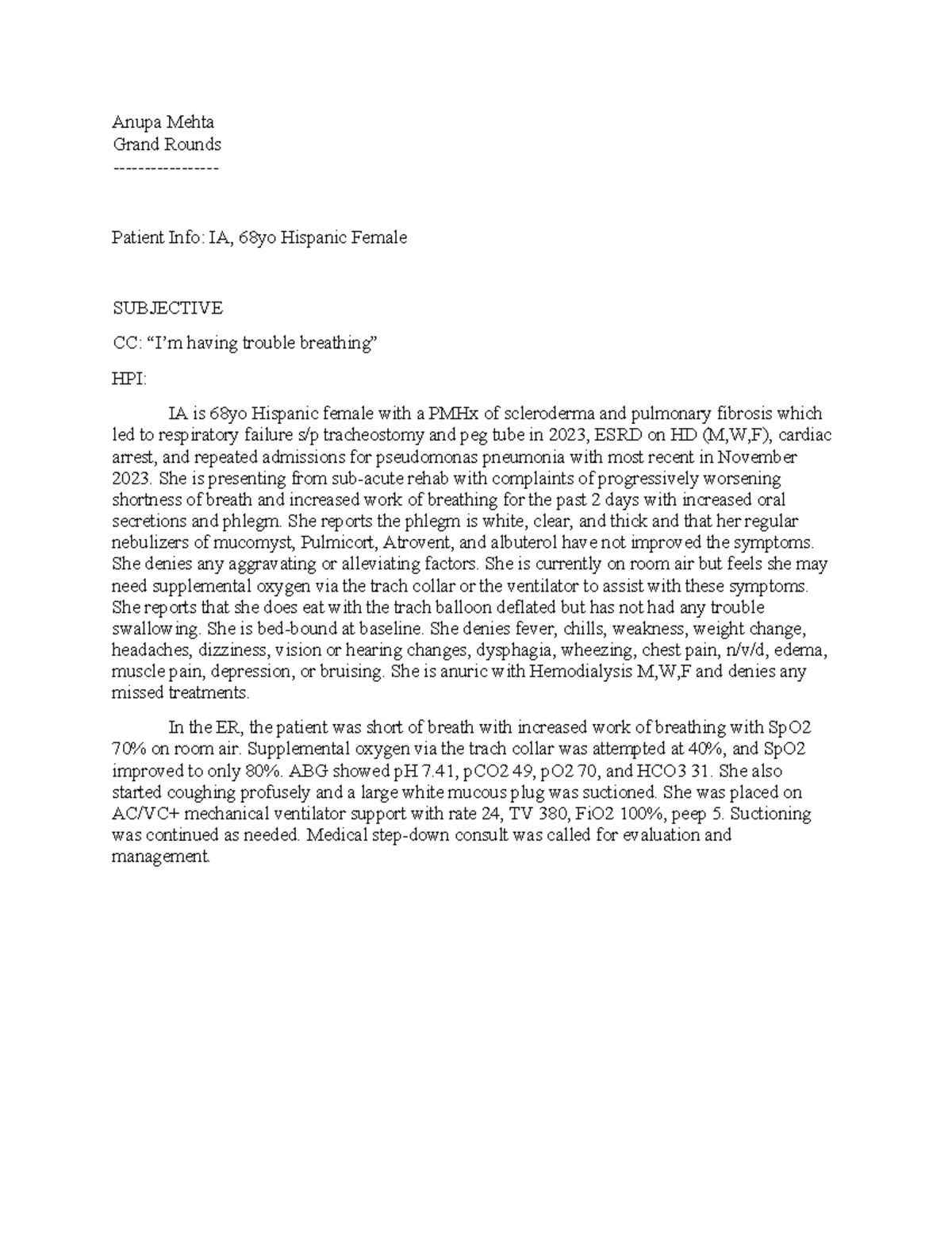 Soap note example 2 - SOAP note - Anupa Mehta Grand Rounds - Patient ...