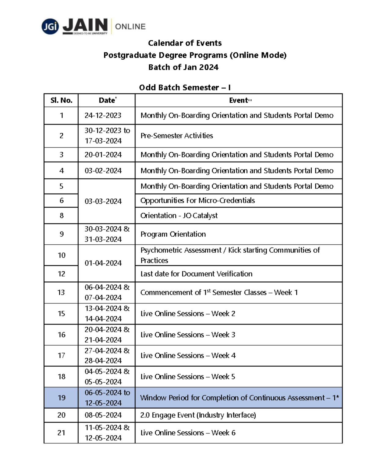 Online PG Calendar Jan 2024 SEM I 26.12 Students - Calendar of Events ...