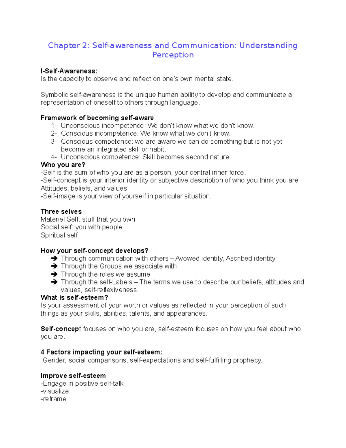 Chapter 2: Self awareness - Symbolic self-awareness is the unique human ability to develop and ...