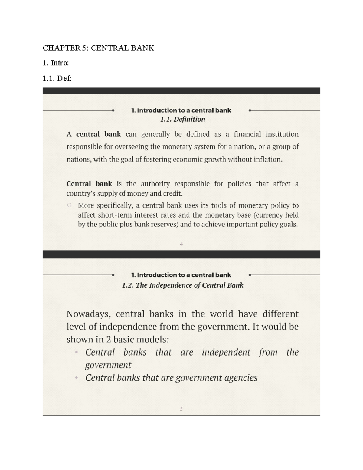 Central bank - notes - CHAPTER 5: CENTRAL BANK Intro: Def: financial ...