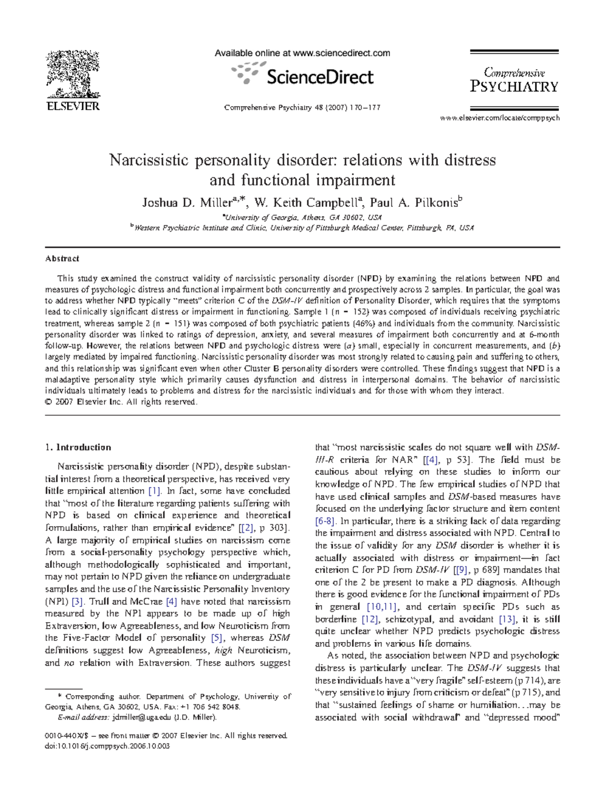 miller2007 reserach - Narcissistic personality disorder: relations with ...