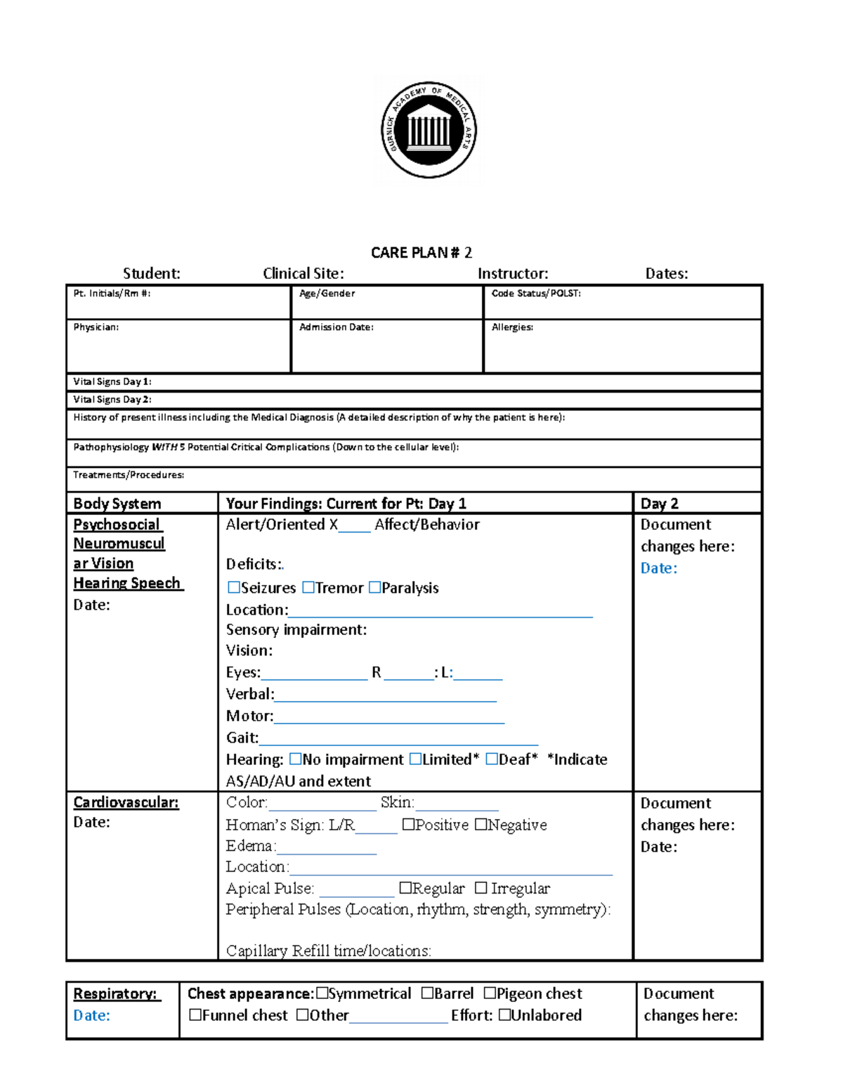 Blank careplan 3:2 printable , fill out - CARE PLAN # 2 Student ...