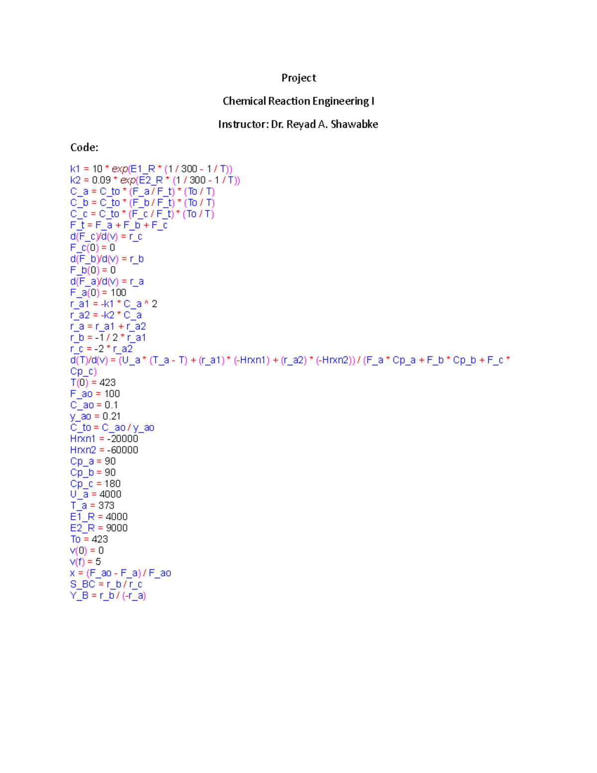Reaction- 1 - HVyctctvubibo - Project Chemical Reaction Engineering I ...