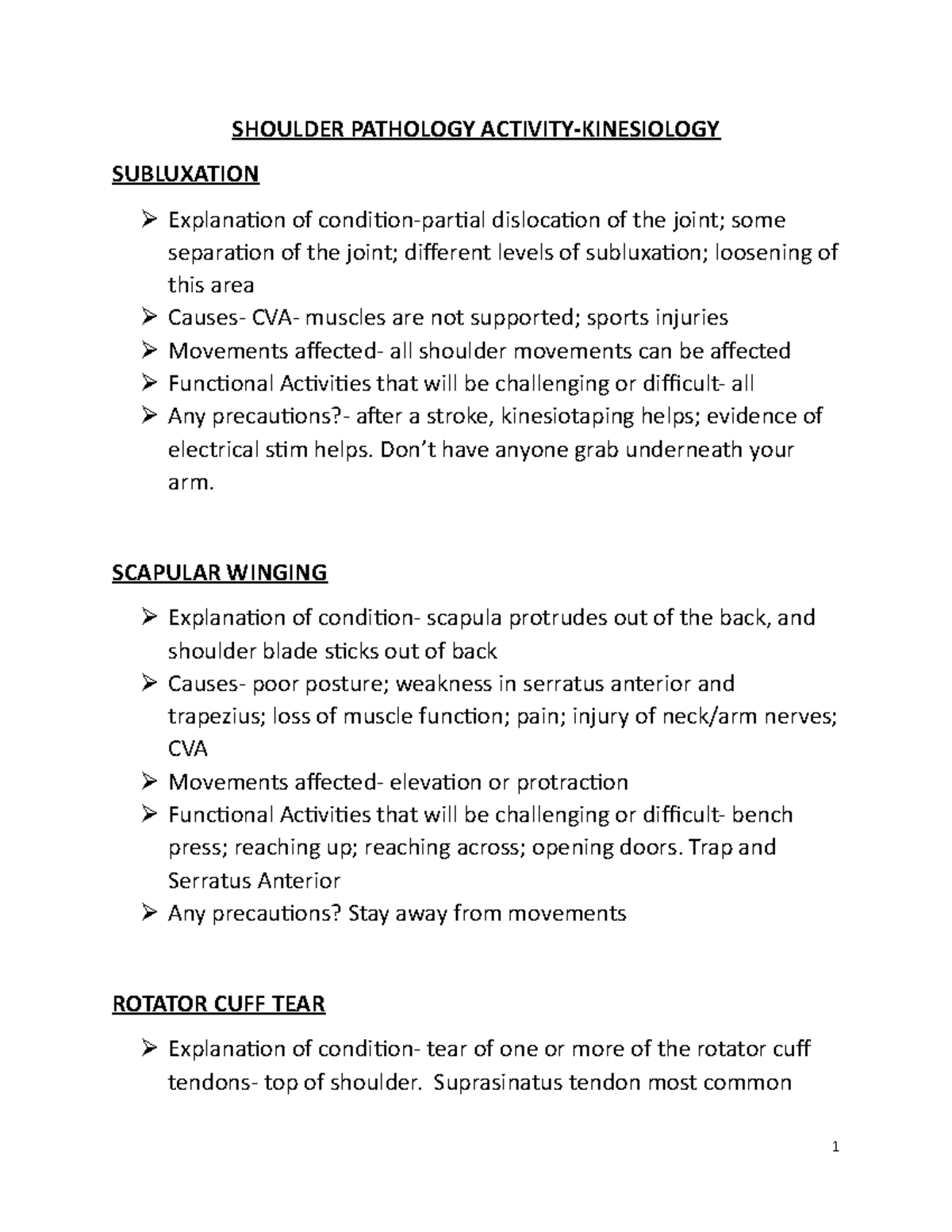 Shoulder pathology activity - SHOULDER PATHOLOGY ACTIVITY-KINESIOLOGY ...