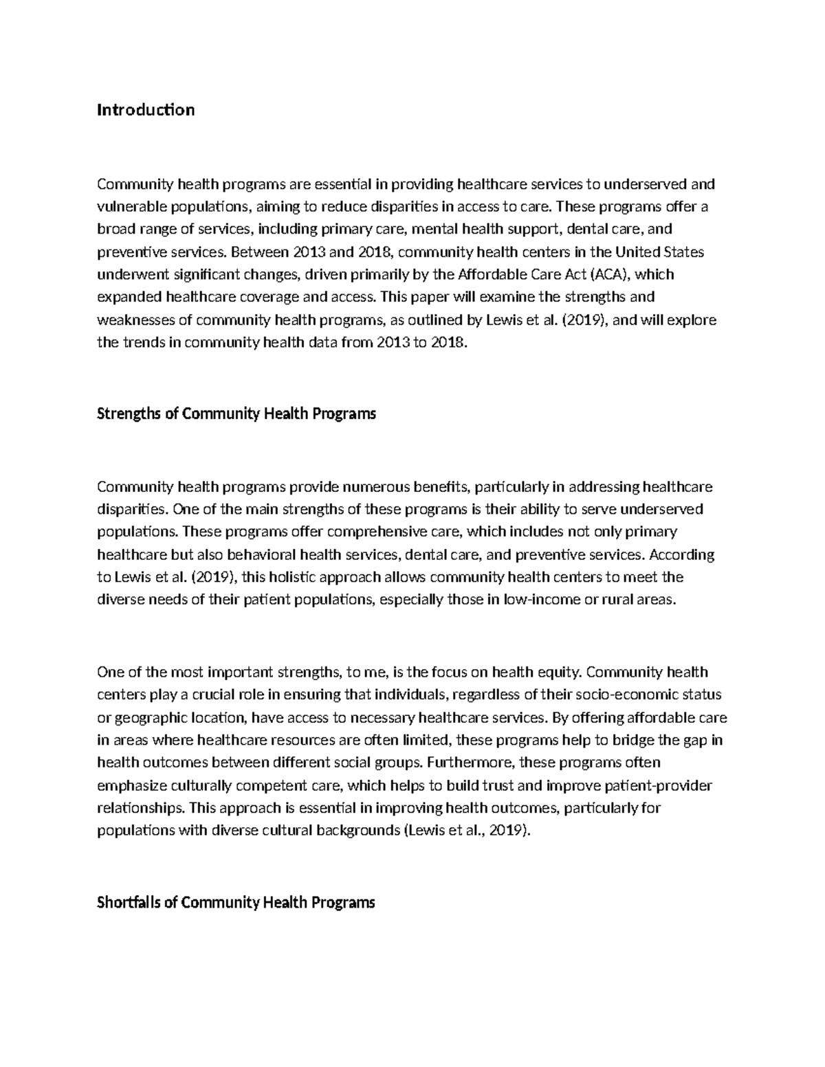 Health - Written Assignment 2 - Introduction Community health programs ...