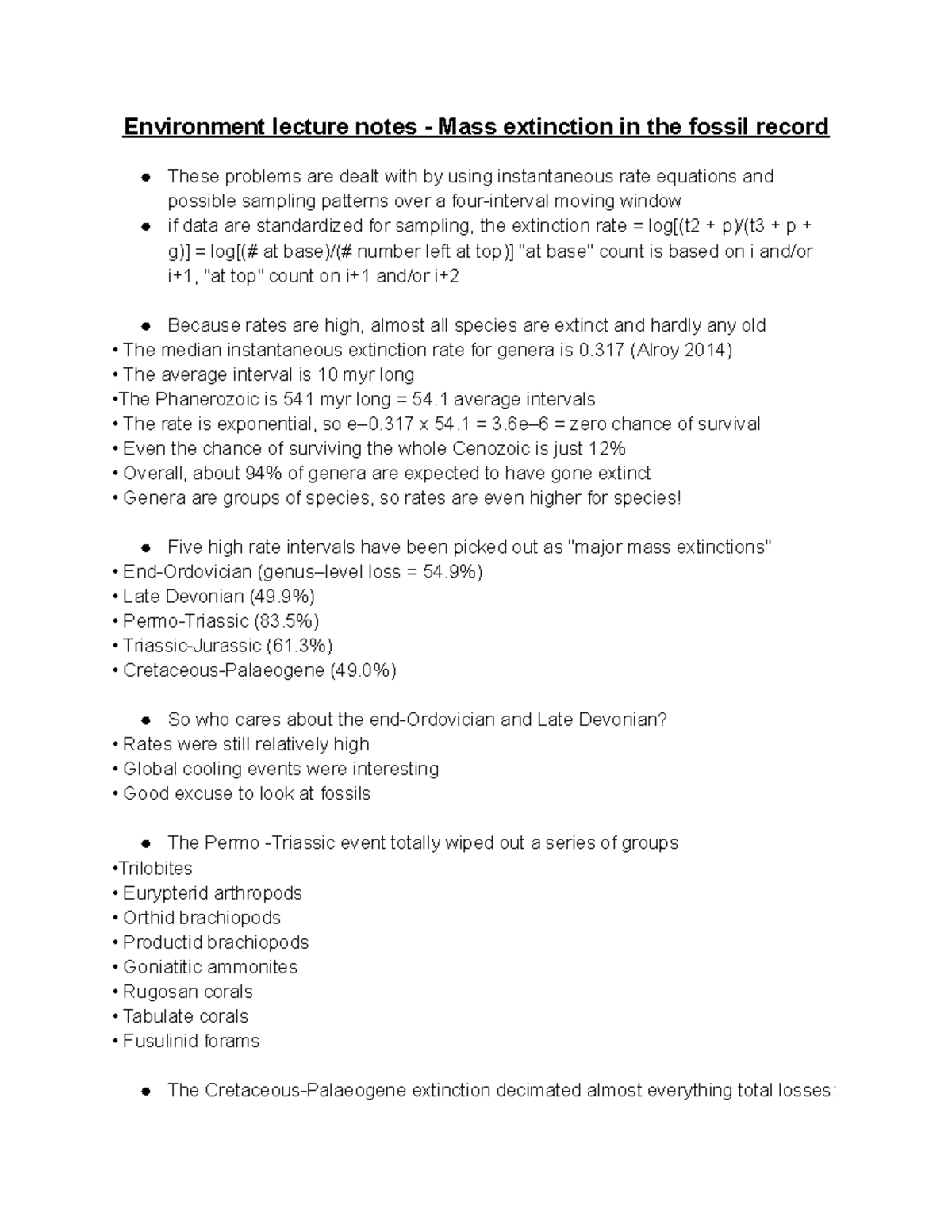 Environment lecture notes - Mass extinction in the fossil record - Studocu