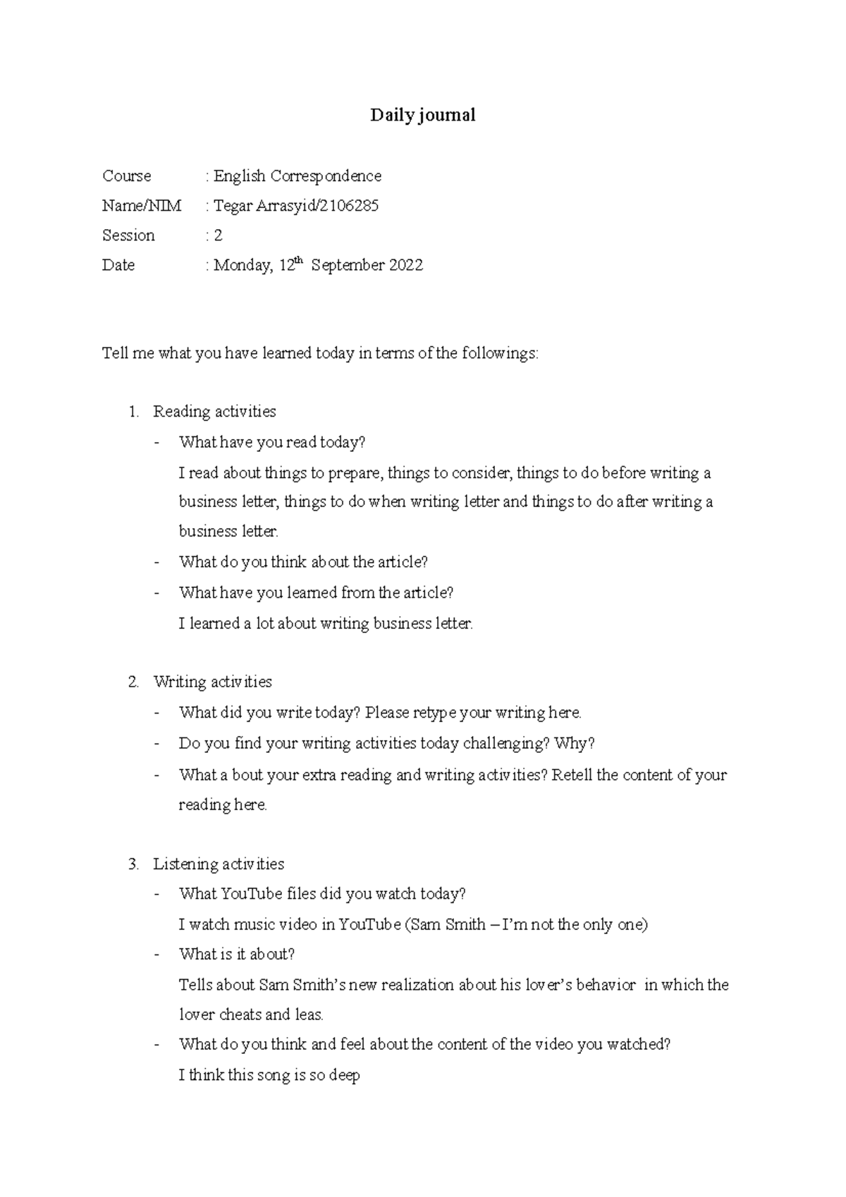 Daily journal at English Course to reflect student's understanding ...