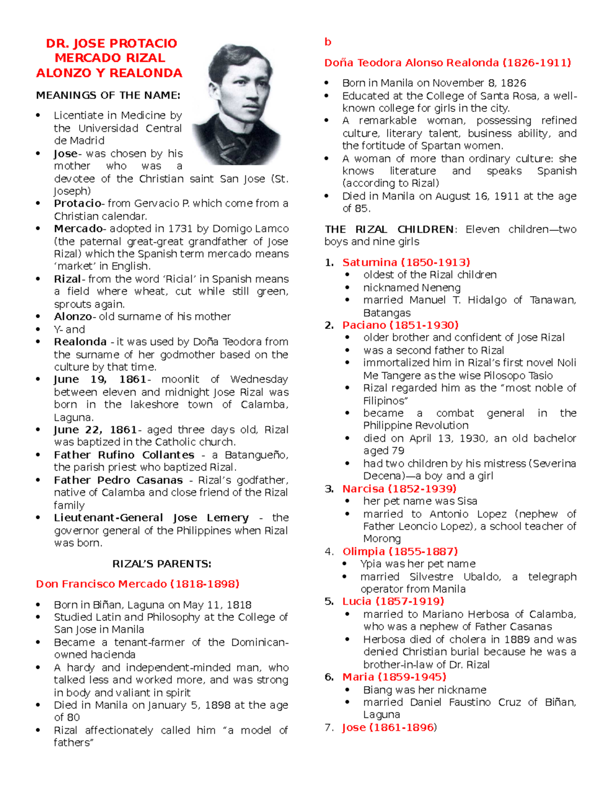 Chapter 1 - 3 Life of Rizal - DR. JOSE PROTACIO MERCADO RIZAL ALONZO Y ...