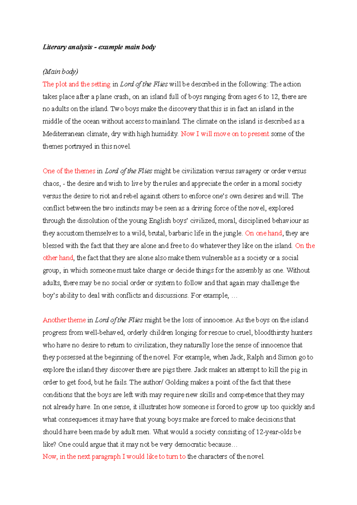 Lord of the Flies - main body analysis example - Literary analysis ...