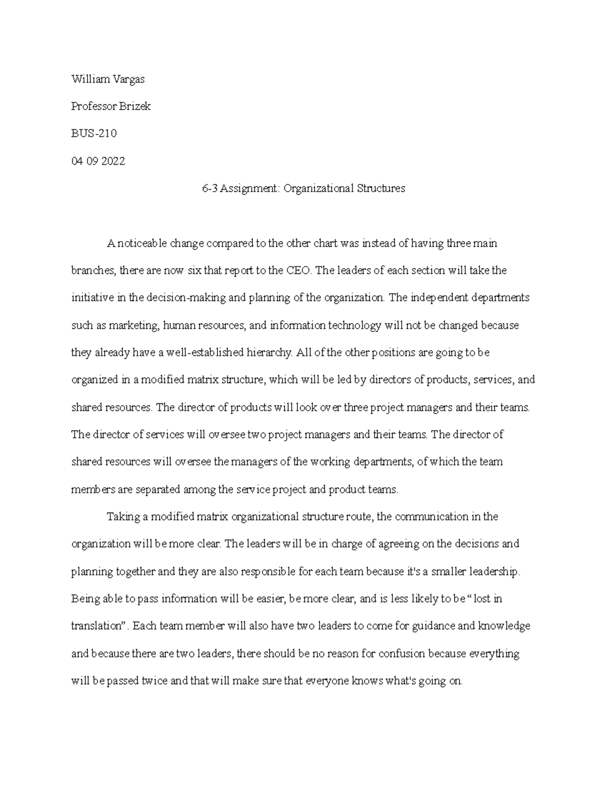 6-3 Assignment Organizational Structures - The leaders of each section ...