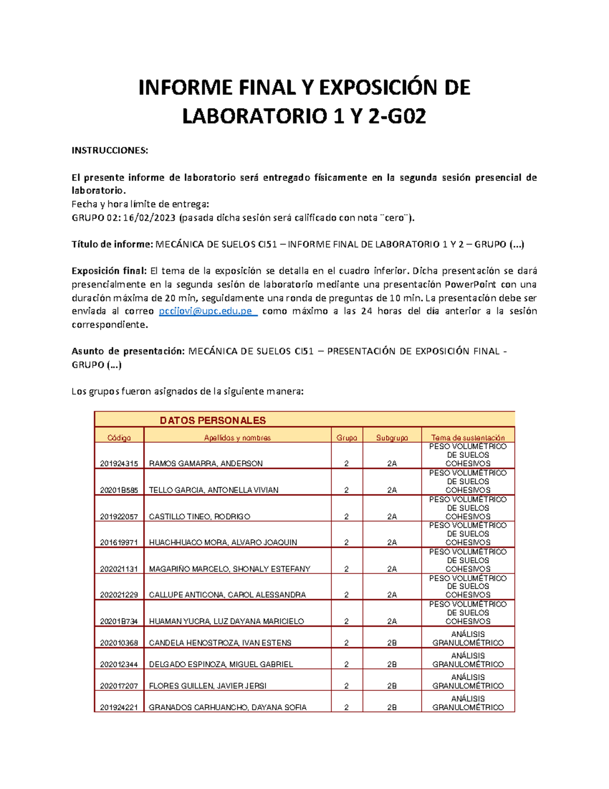 Informe Final Y ExposicióN DE Laboratorio 1 Y 2, G02, CI51 - INFORME ...