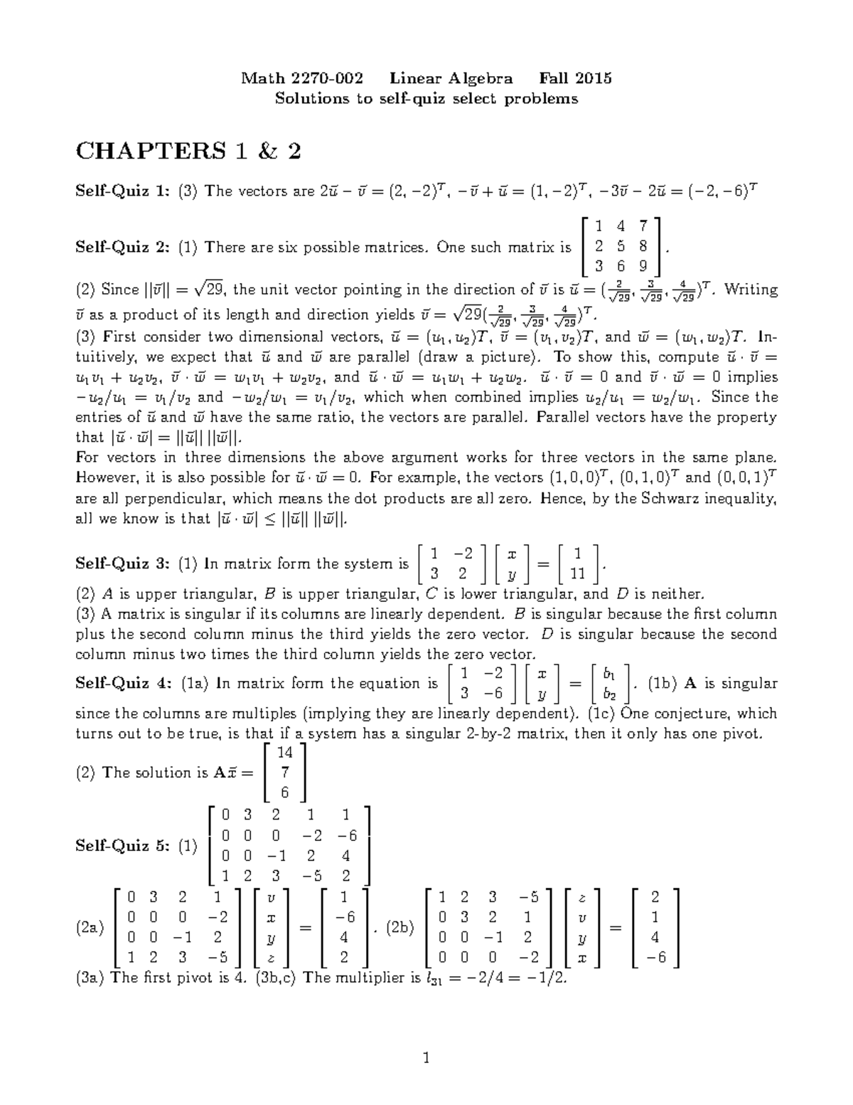 Quiz Solutions - Math Linear Algebra Fall 2015 Solutions to select ...
