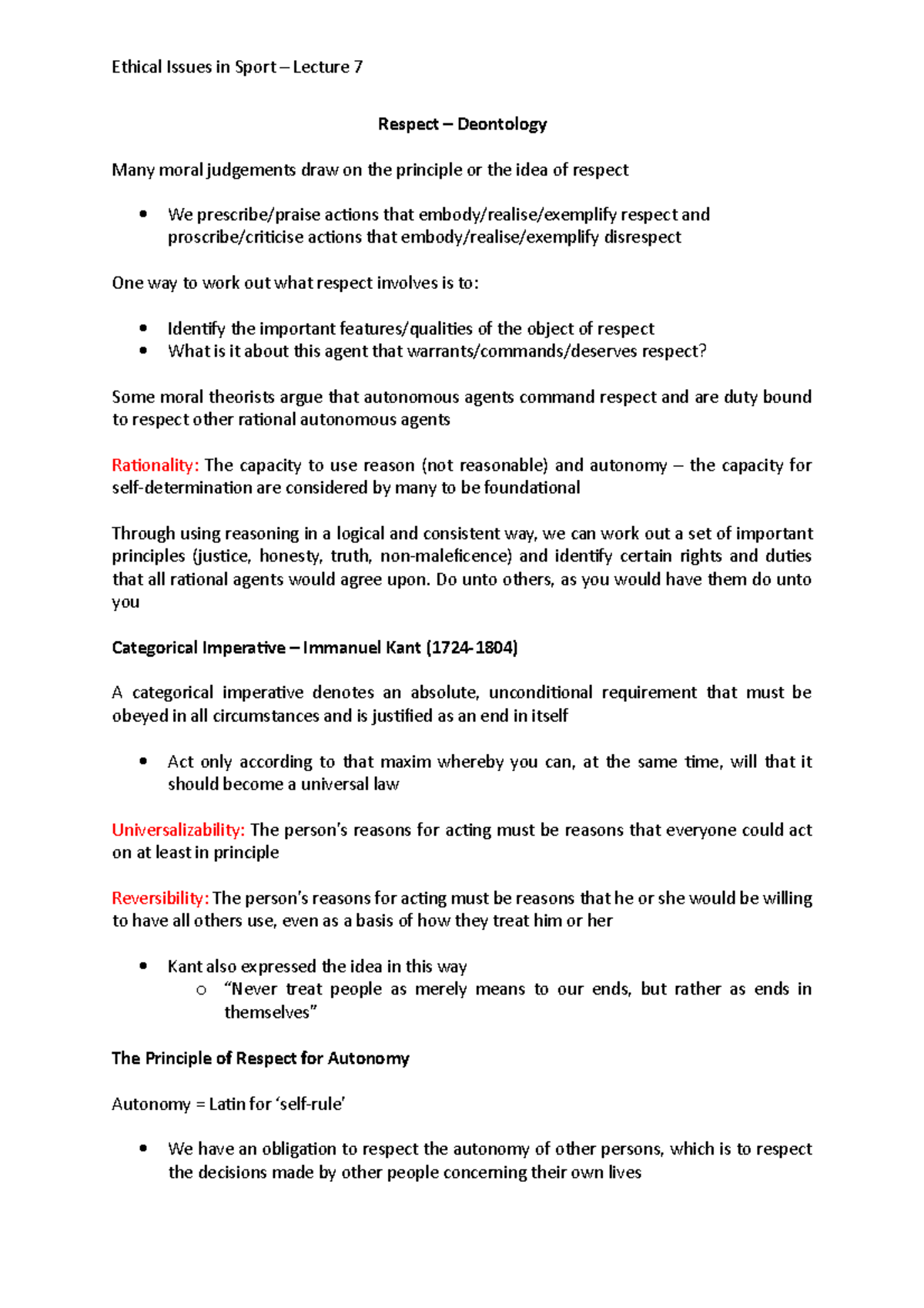 Respect in Sport - Ethical Issues in Sport – Lecture 7 Respect ...