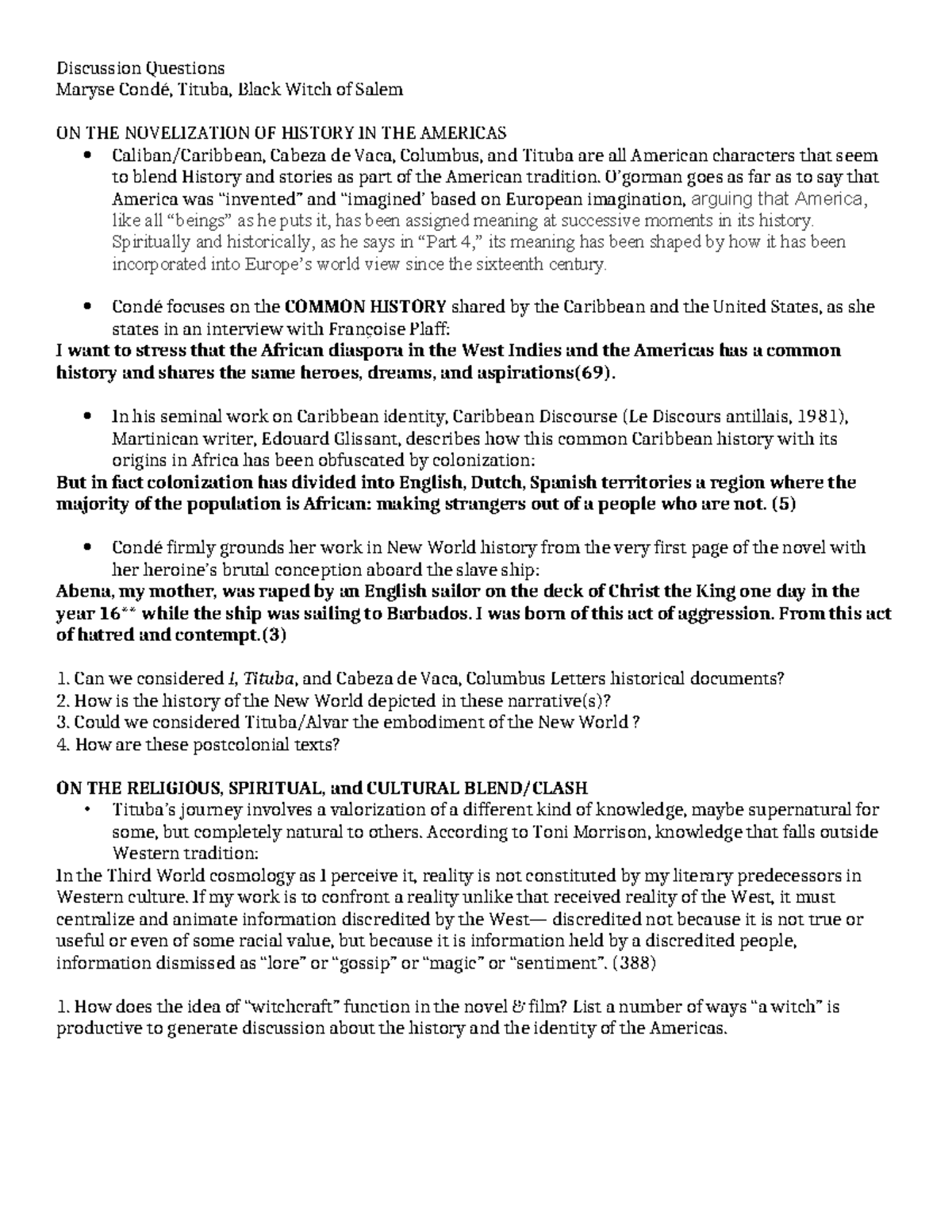Discussion Questions-Conde - Discussion Questions Maryse Condé, Tituba ...