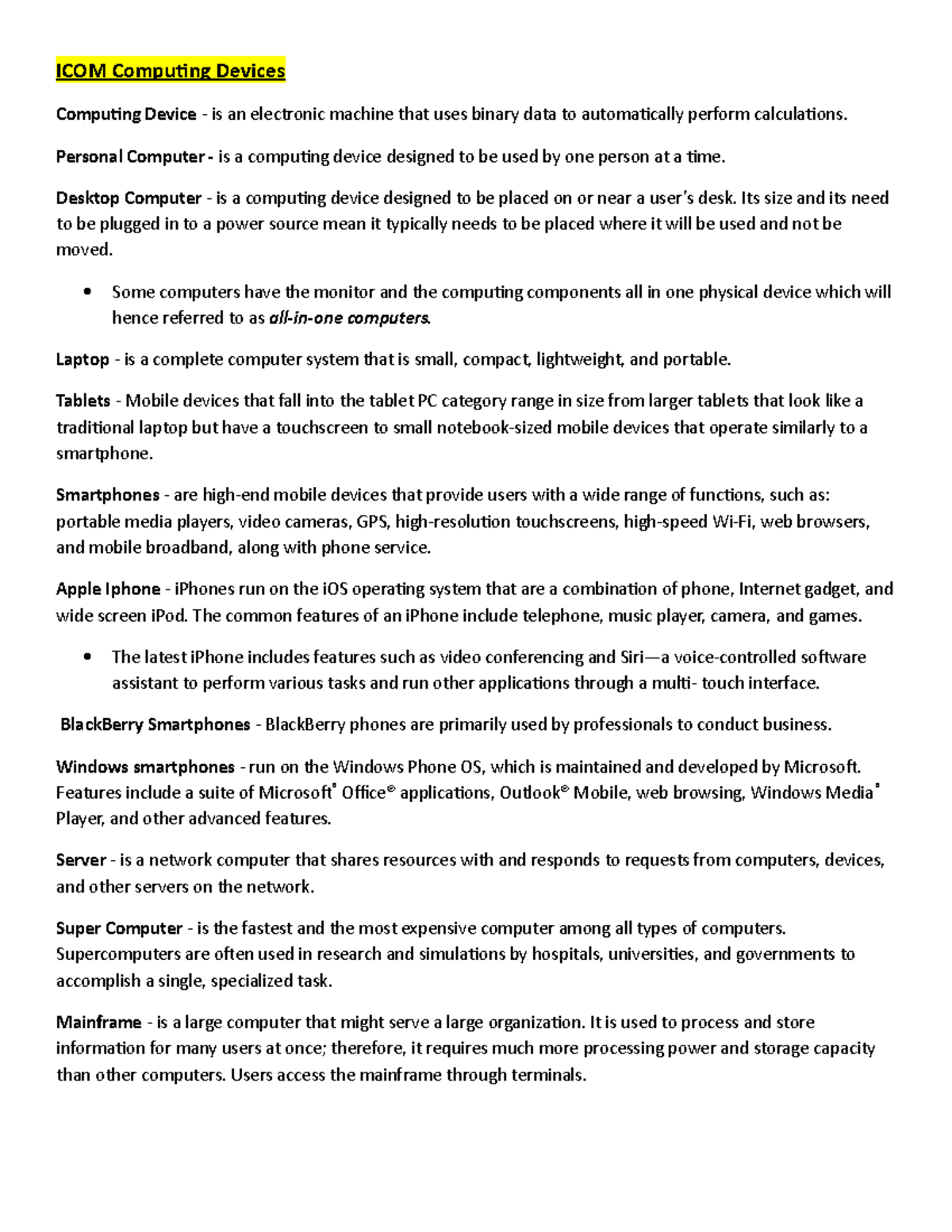 ICOM Prelim Reviewer - ICOM Computing Devices Computing Device - is an ...