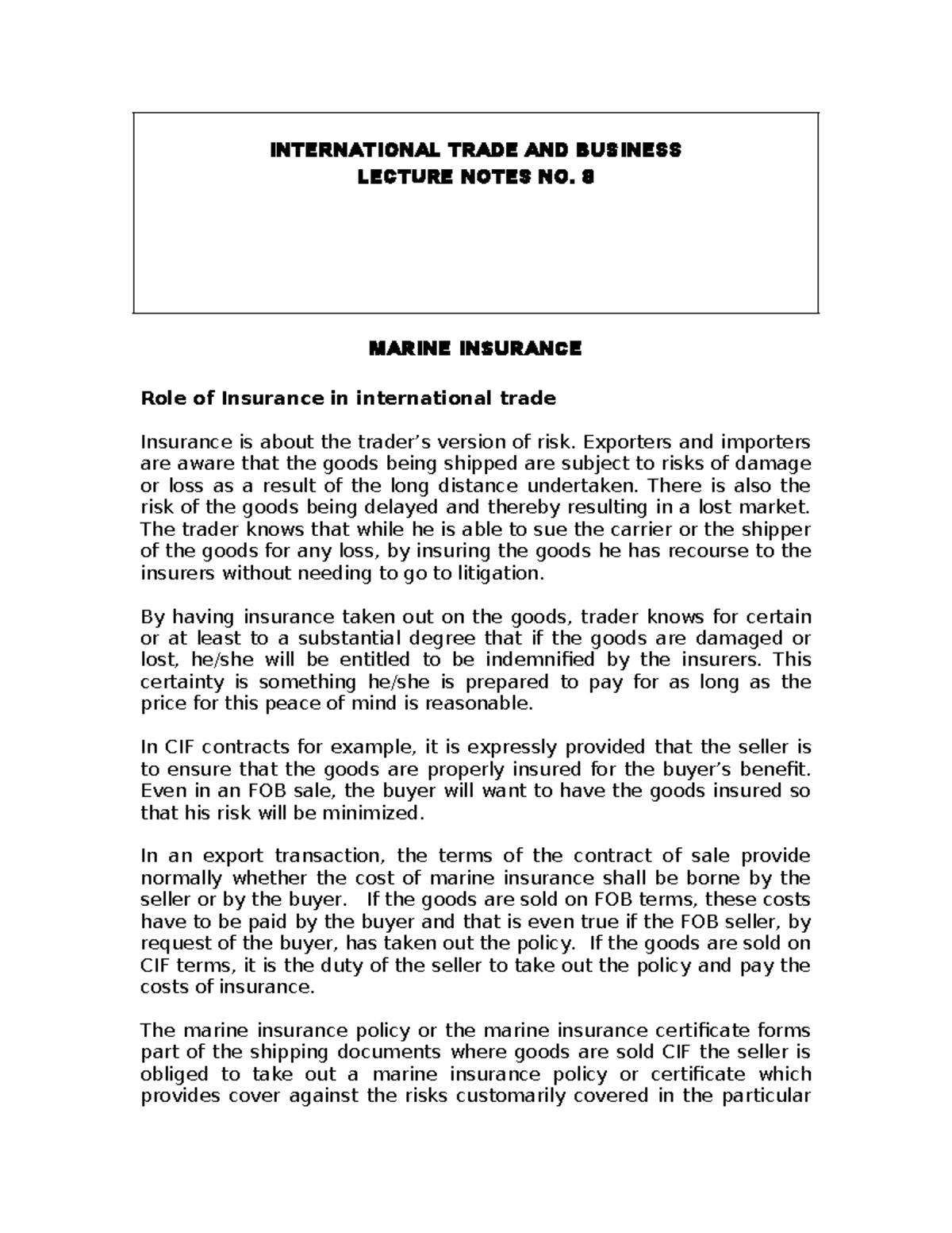 Chapter 8 Marine Insuarance - INTERNATIONAL TRADE AND BUSINESS LECTURE ...