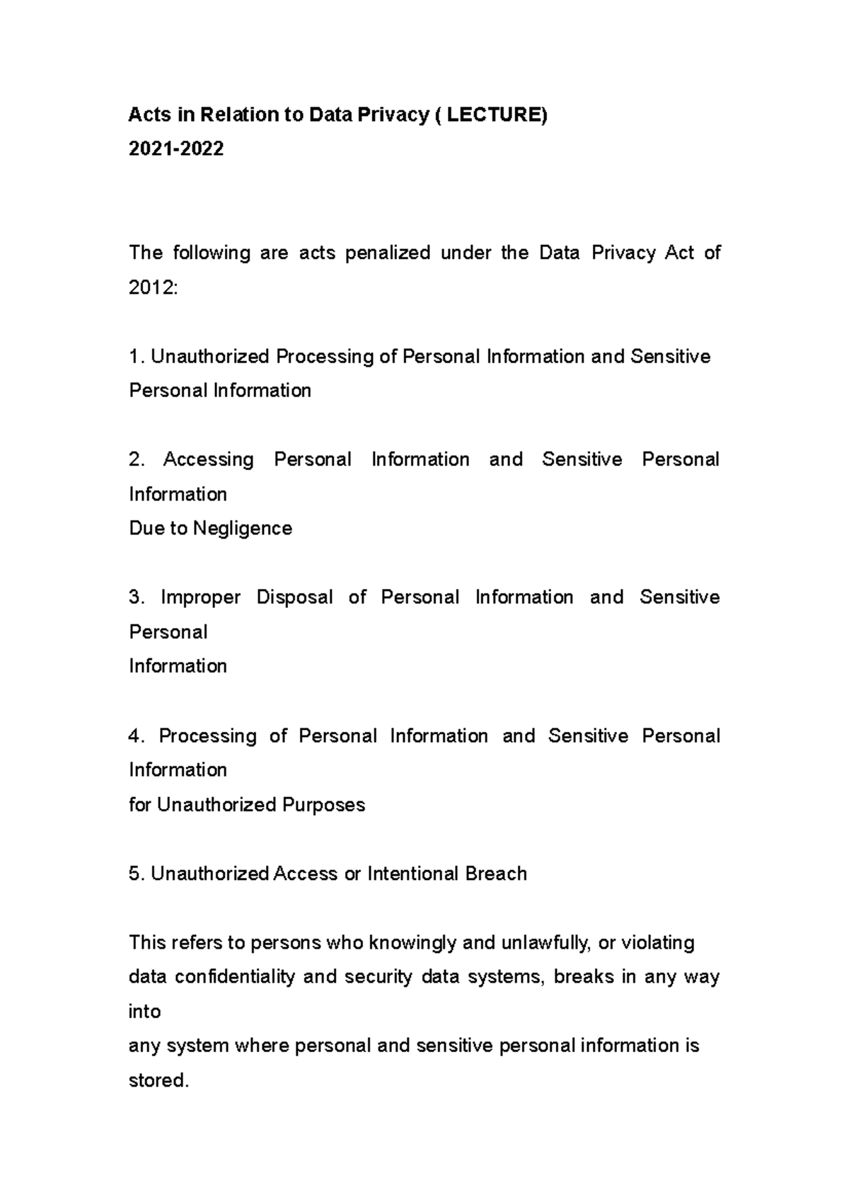 Acts in Relation to Data Privacy Lecture - Acts in Relation to Data ...