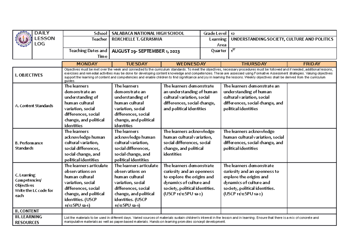 UCSP week1 - Lesson Plan for Understanding Society Culture and Politics ...