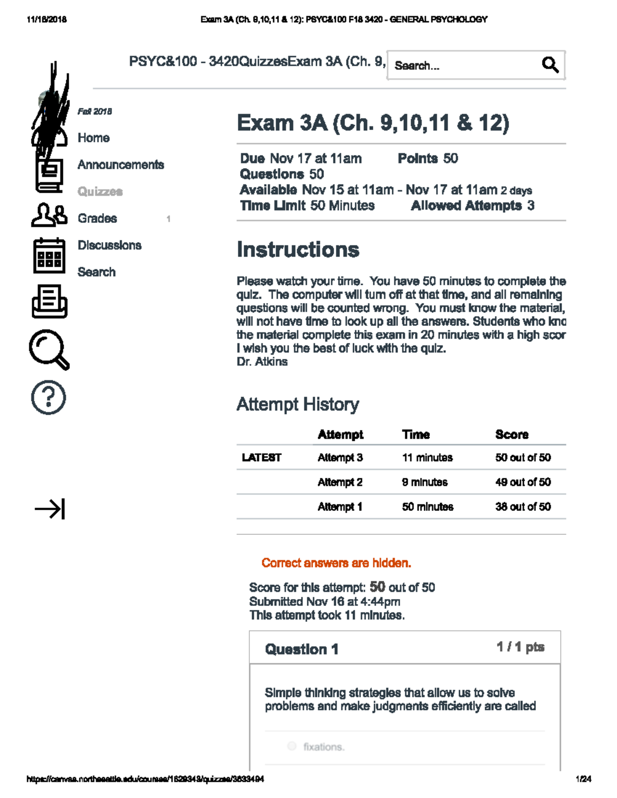 Psychology practice question - Exam 3A (Ch. 9,10,11 12): F18 3420 ...
