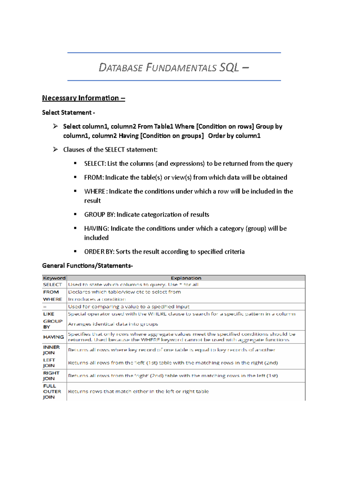 Sql Notes Database Fundamentals Sql Necessary Information Select Statement Select