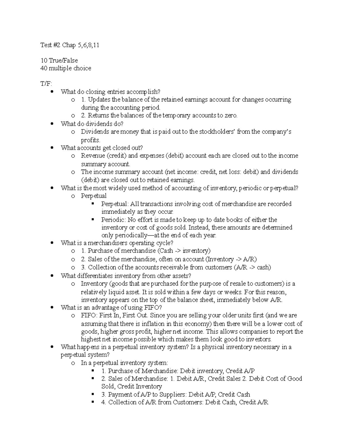 Accounting Test #2 Review - Test #2 Chap 5,6,8, 10 True/False 40 ...