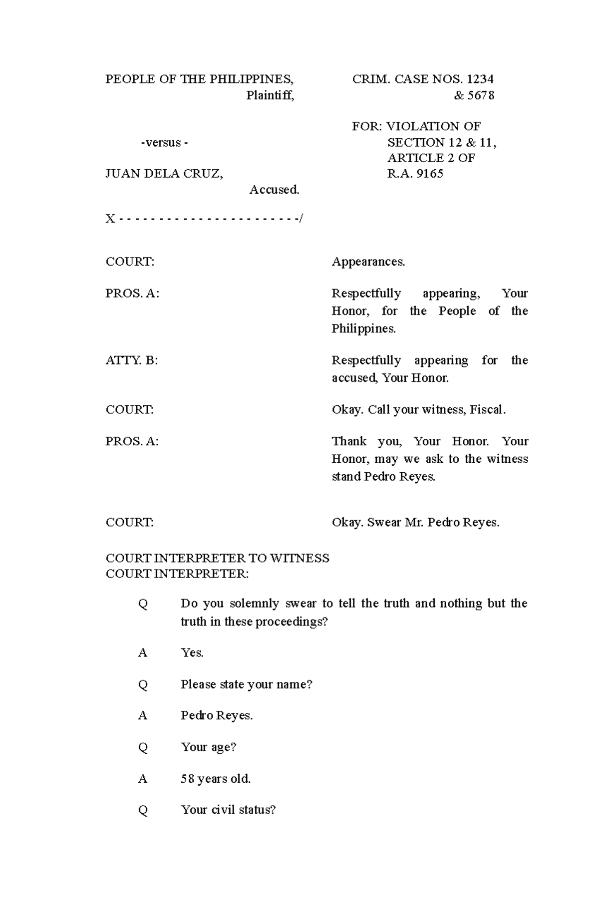 Criminal CASE NO. 123456 - PEOPLE OF THE PHILIPPINES, CRIM. CASE NOS ...