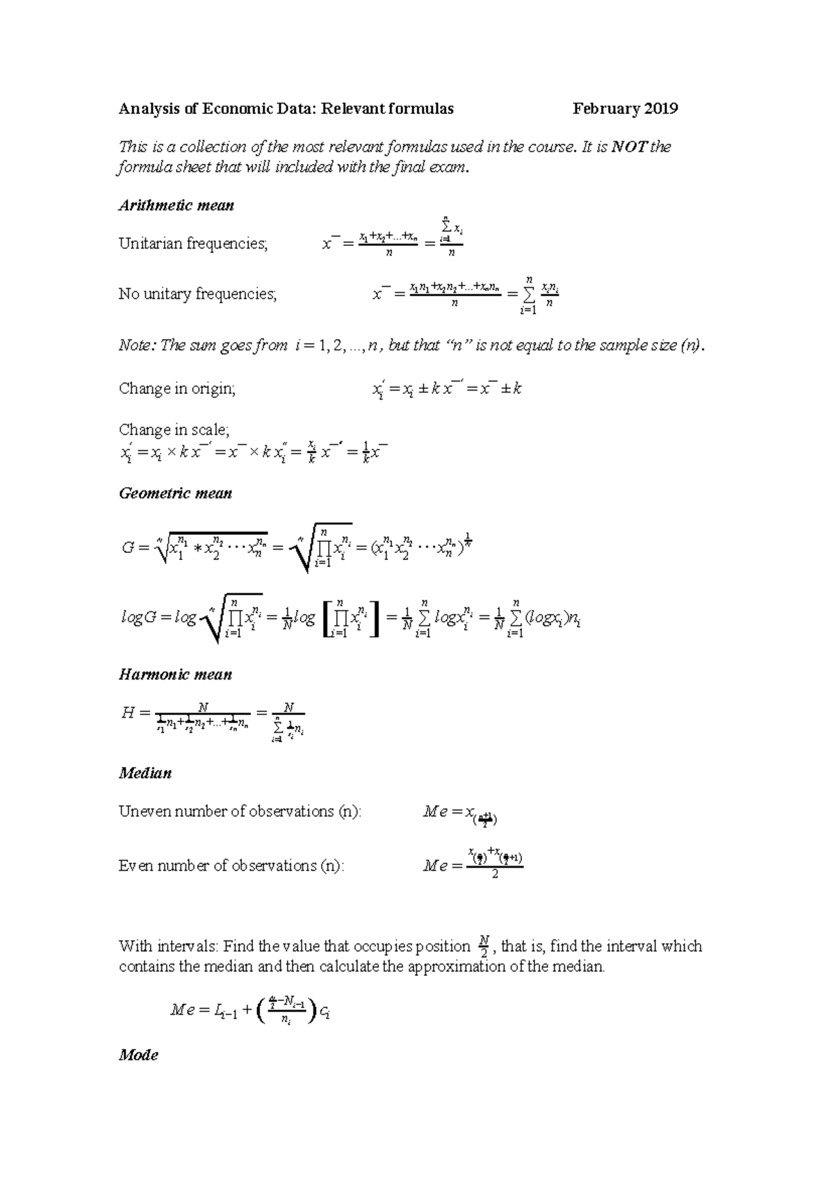 Analisis formulas Final Exam - Analysis of Economic Data: Relevant ...