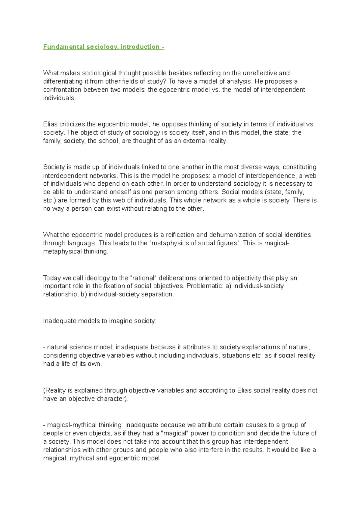 Fundamental sociology - He proposes a confrontation between two models ...