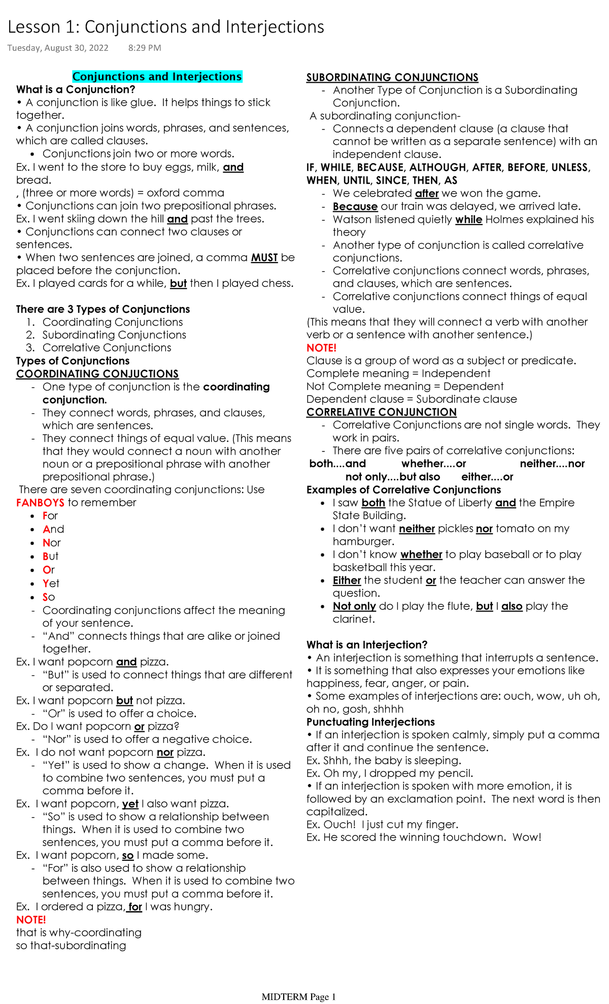 Lesson 1 Engl Midterm - Conjunctions and Interjections What is a ...