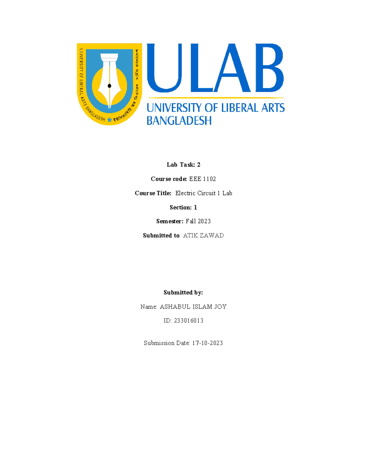 Cover page (1) - Lab Task: 2 Course code: EEE 1102 Course Title: Electric Circuit 1 Lab Section ...