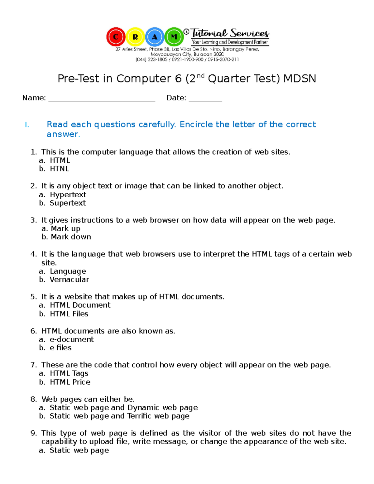 PRE-TEST IN Computer 6 Second Quarter - Pre-Test in Computer 6 ( nd ...