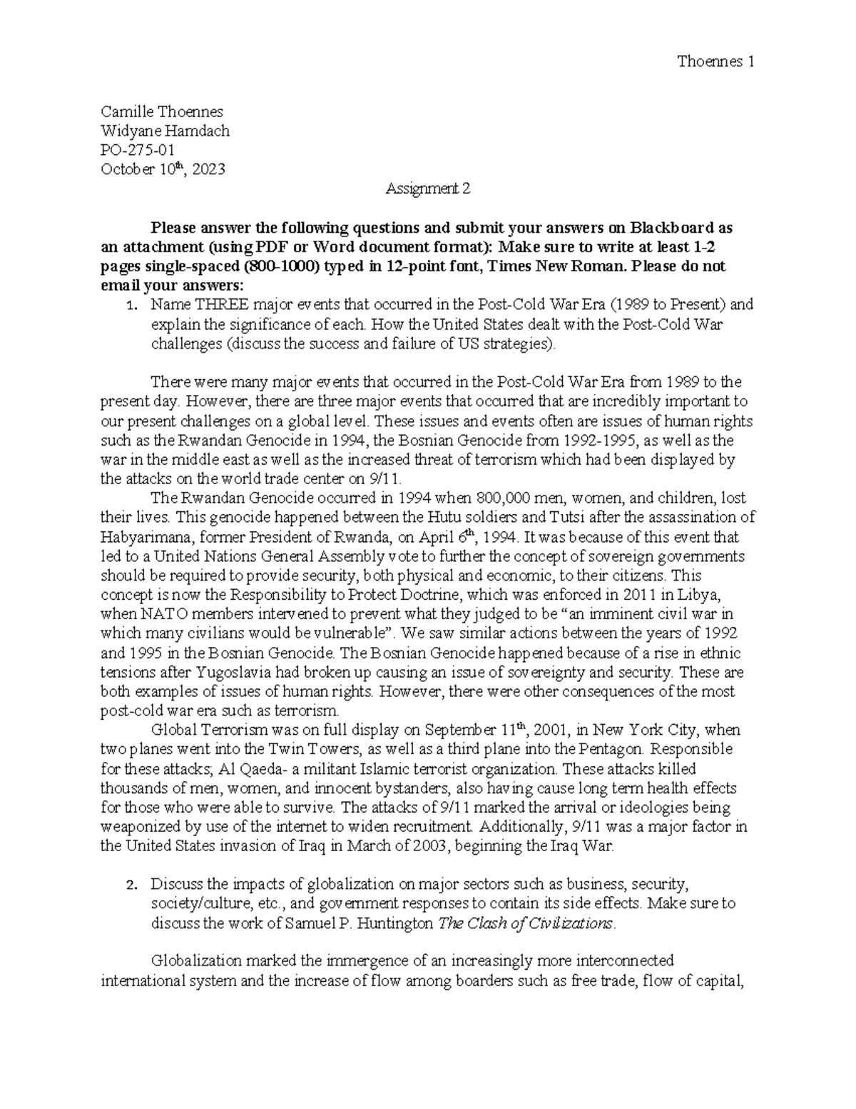 Assignment Two- International Relations - Thoennes 1 Camille Thoennes ...